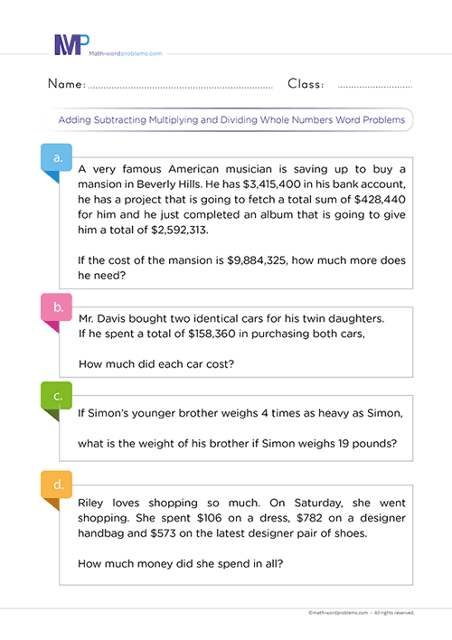 Adding Subtracting Multiplying And Dividing Whole Numbers Word Problems