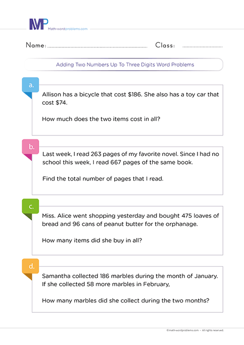 Adding Two Numbers Up To Three Digits Word Problems 3rd Grade
