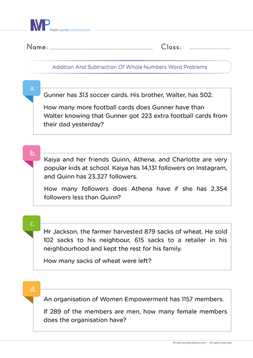 Addition And Subtraction Of Whole Numbers Word Problems