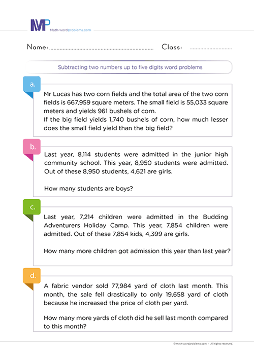 Subtraction Word Problems Worksheets For Grade 4 With Borrowing 