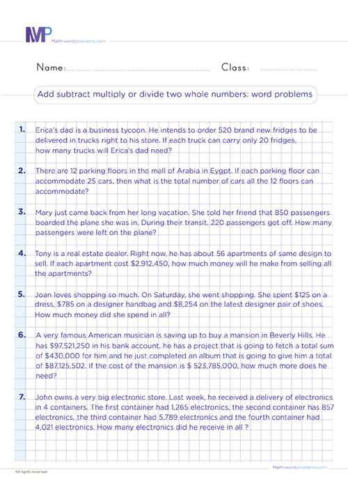 Adding Subtracting Multiplying And Dividing Whole Numbers Word Problems