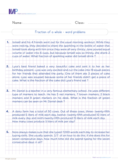 Fraction Of A Whole Word Problems 6th Grade