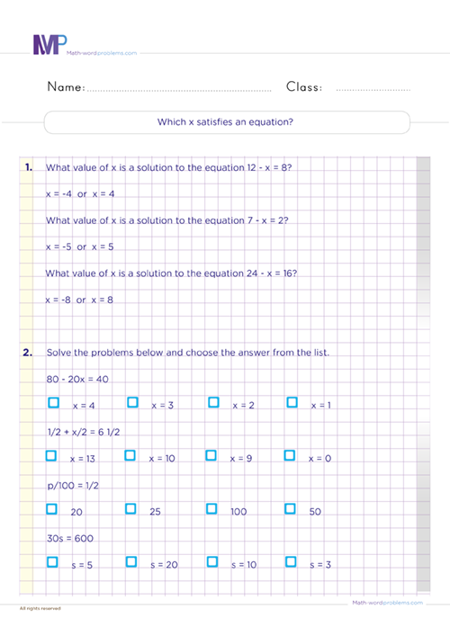 One Variable Equation 6th Grade Worksheets
