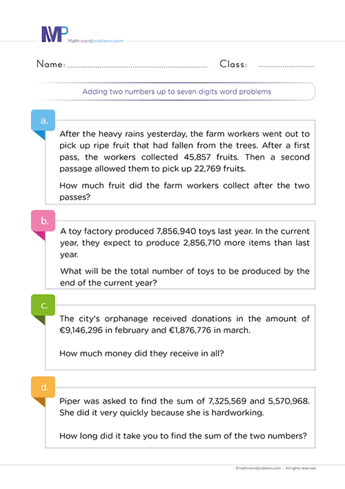 Addition Word Problems 4th Grade