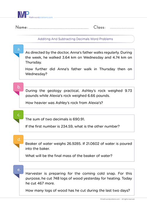 Adding And Subtracting Decimals Word Problems