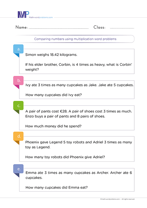 Comparing Numbers Using Multiplication Word Problems Grade 4