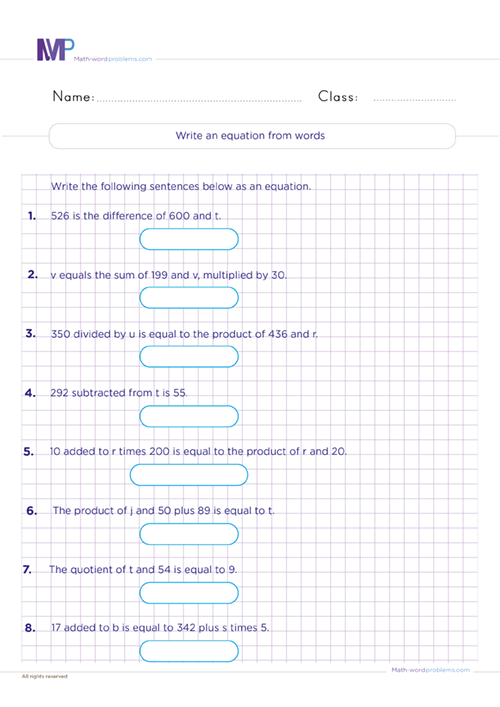 One Variable Equations Worksheets Grade 6
