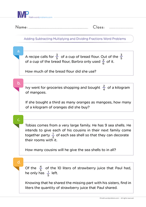 Adding Subtracting Multiplying And Dividing Fractions Word Problems