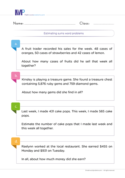 Estimating Sums Word Problems Grade 4