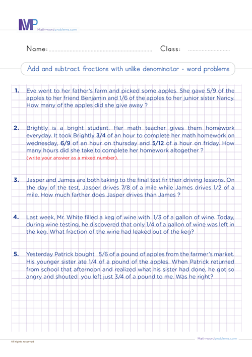 Adding And Subtracting Fractions With Unlike Denominators Word Problems