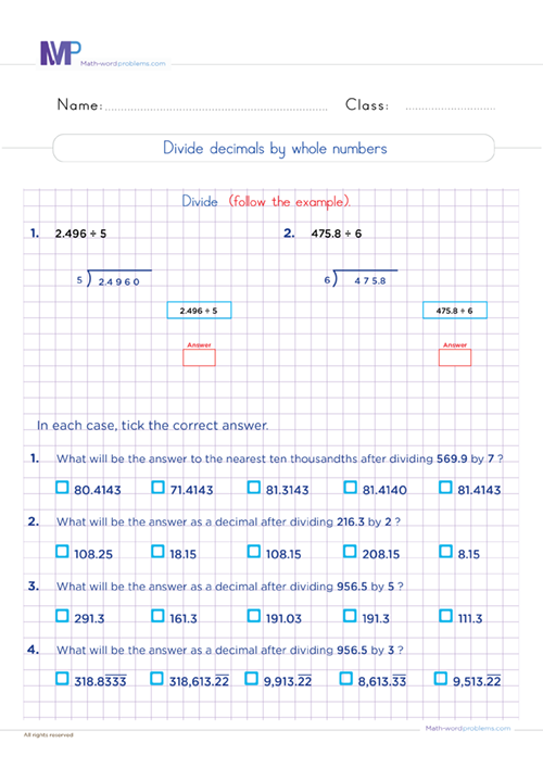 Divide Decimals By Whole Numbers In 6th Grade