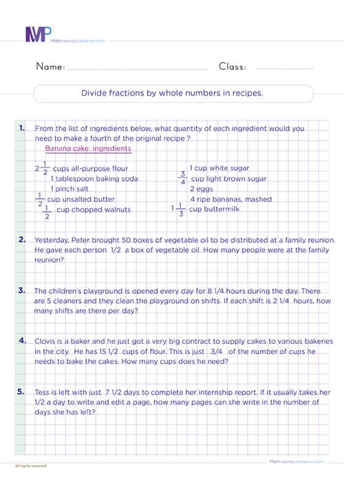 Divide Fractions By Whole Numbers In Recipes 6th Grade