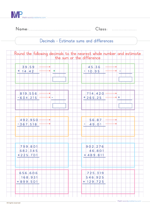 Add And Subtract Decimals Worksheets Grade 6