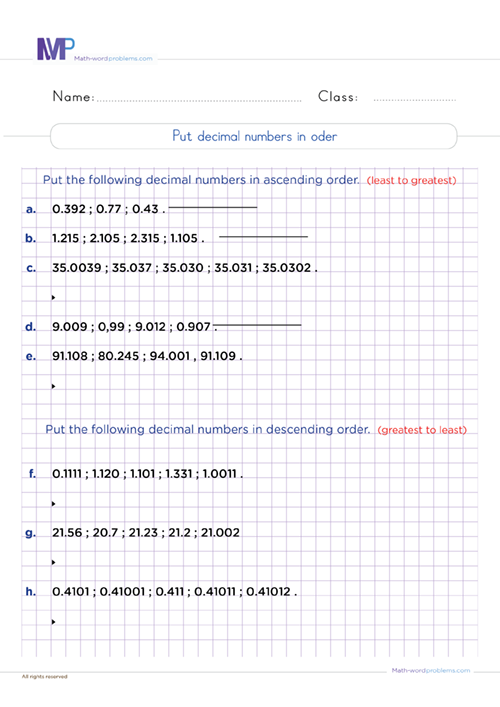 Put Decimal Numbers In Orders 6th Grade