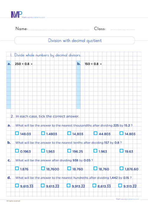 Division With Decimal Quotient 6th Grade
