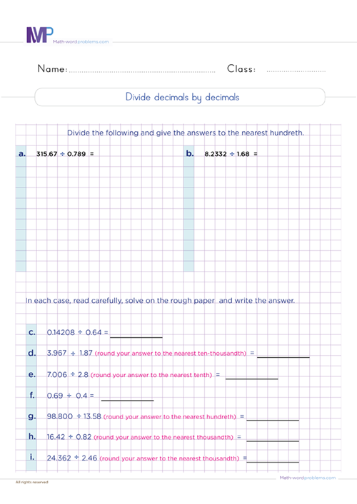 Divide Decimals By Decimals In 6th Grade