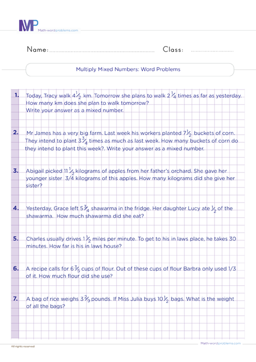 Multiplying Mixed Numbers Word Problems
