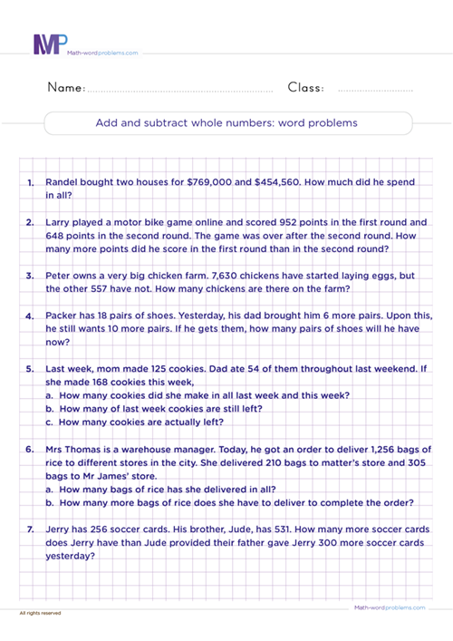 Add And Subtract Whole Numbers Word Problems