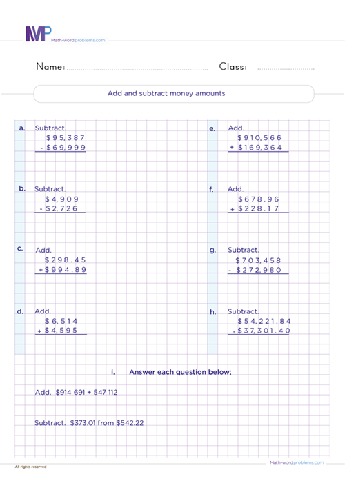 Money On 5th Grade Worksheets